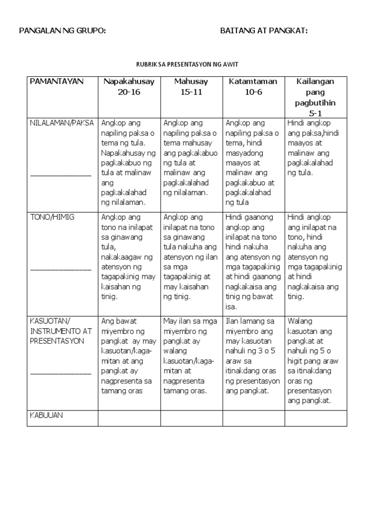 Rubriks Sa Pagkanta | PDF