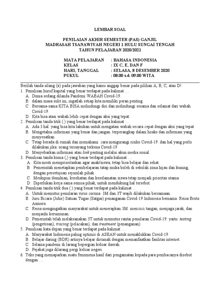 Soal PAS Bahasa Indonesia Kelas IX Semester I | PDF