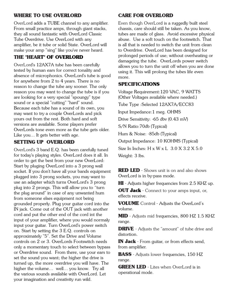 Dean Markley Overlord Manual | Download Free PDF | Equalization (Audio) | Amplifier