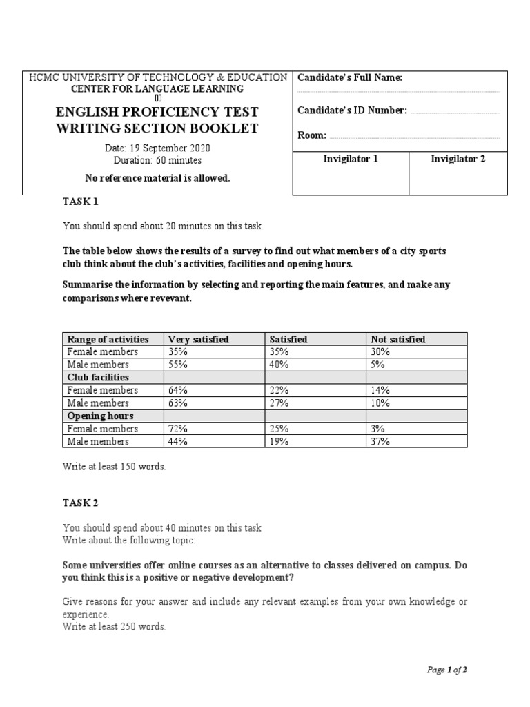 English Proficiency Test Writing Section Booklet: Center For Language ...