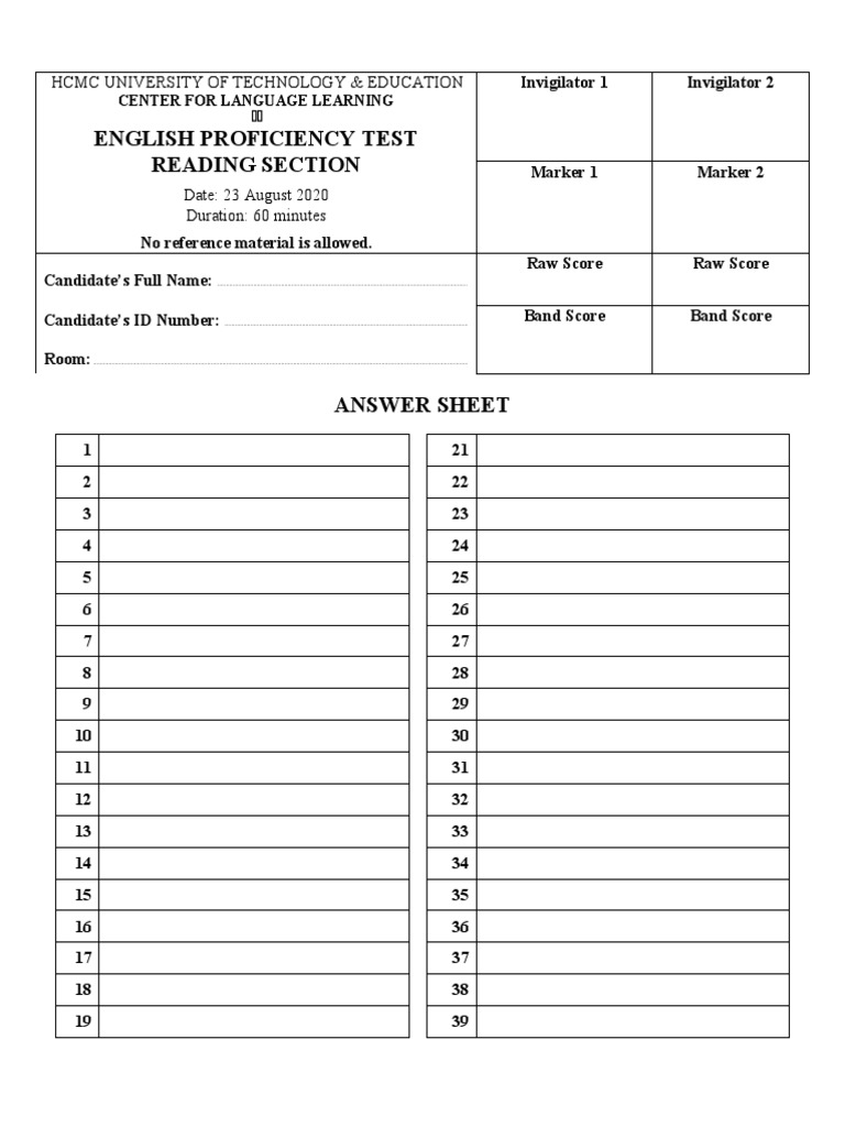 Reading Answer Sheet | PDF