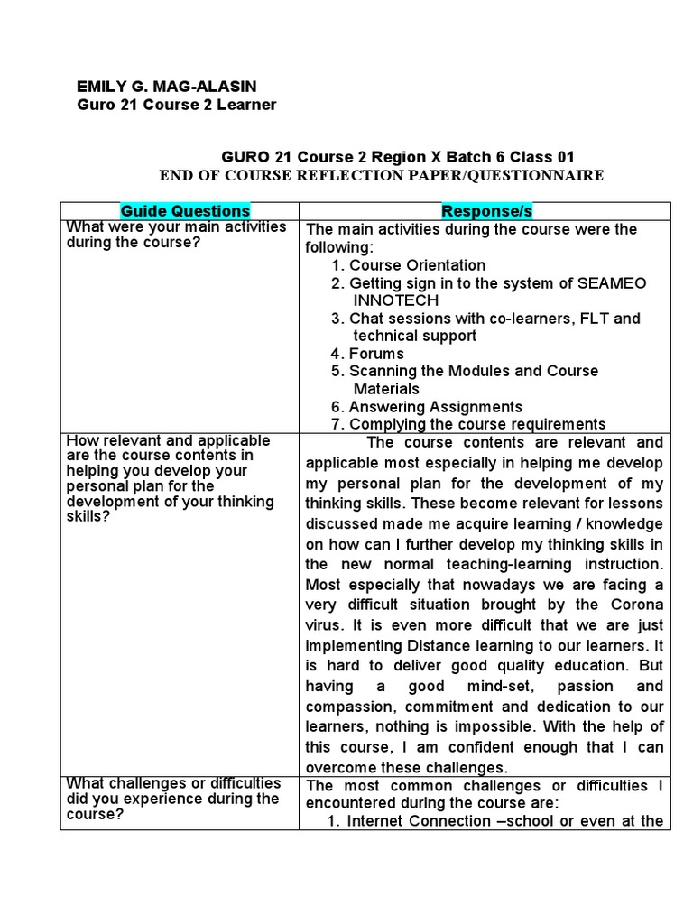 Seameo Course 2 Reflection | PDF | Learning | Teachers