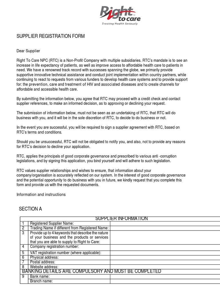 Supplier Registration Form - Right To Care NPC (Updated Template) | PDF ...