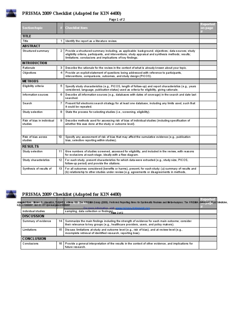 PRISMA 2009 Checklist (Adapted For KIN 4400) : Section/topic # Checklist Item Reported On Page ...