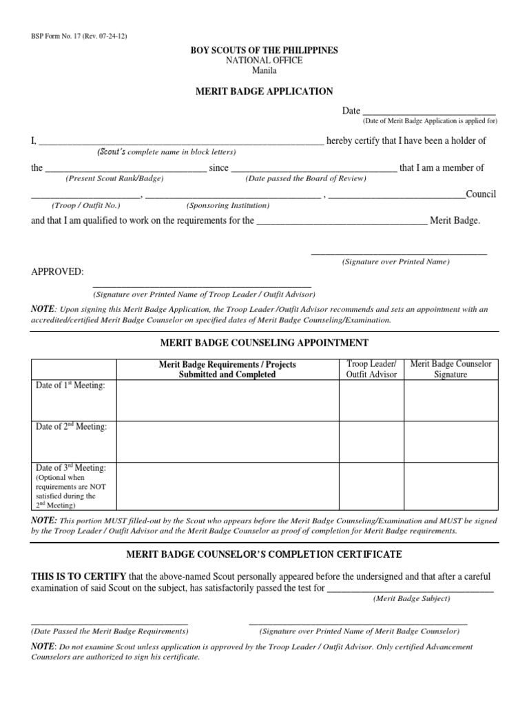 Merit Badge Application Form BSP | PDF | Scouting | Business