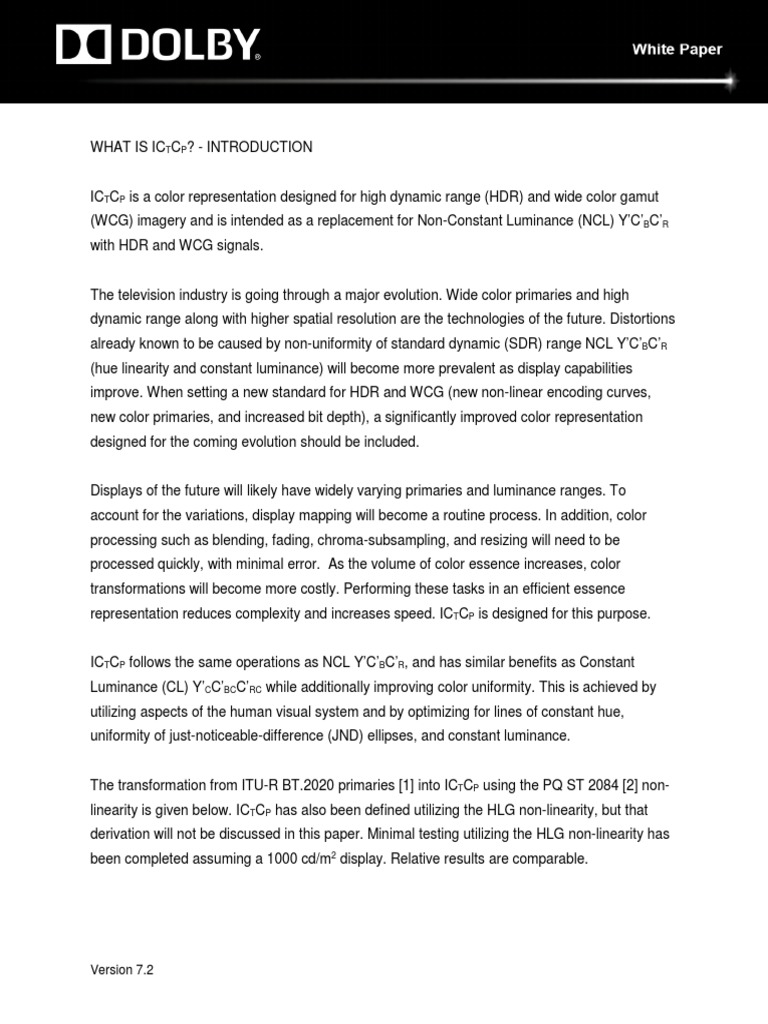 Introduction to ICTCP: A New High Dynamic Range and Wide Color Gamut ...