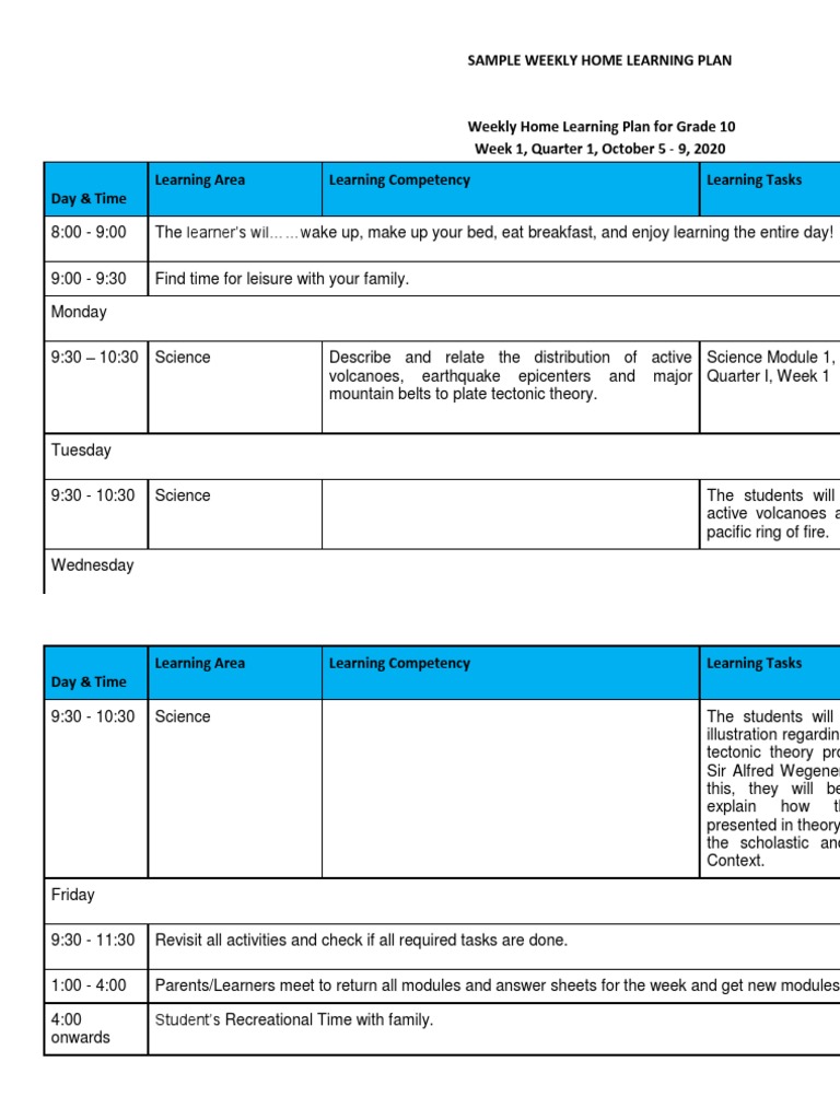 Sample Weekly Home Learning Plan | PDF | Education Theory | Applied Psychology