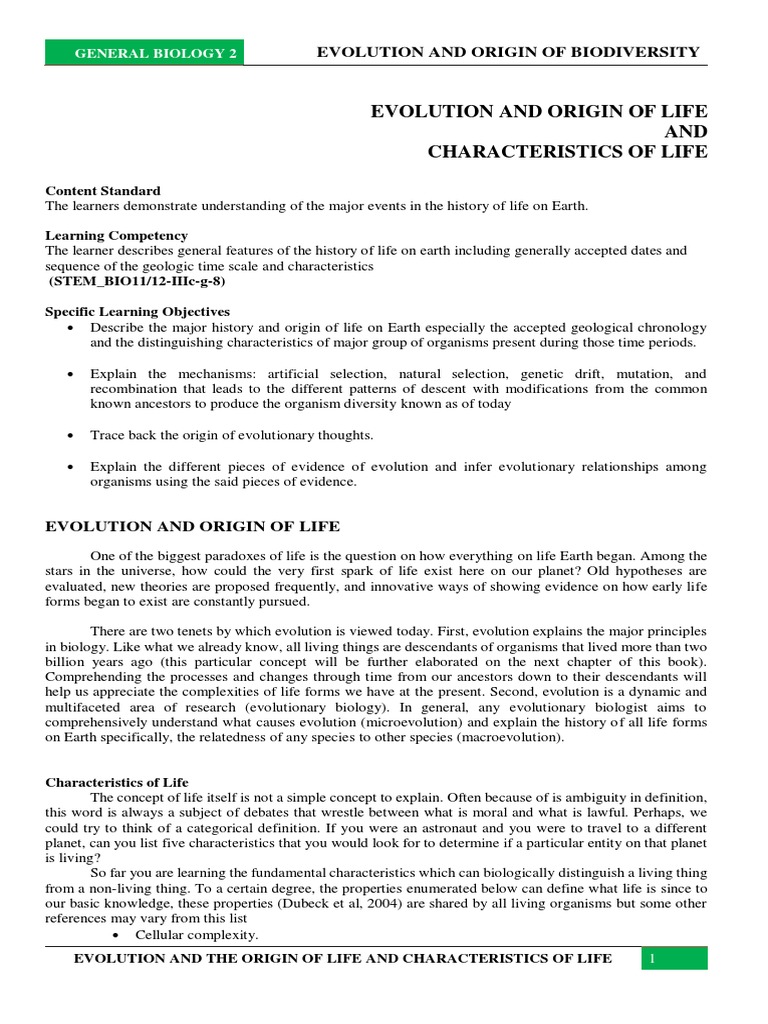 Evolution and The Origin of Life and Characteristics of Life | PDF ...