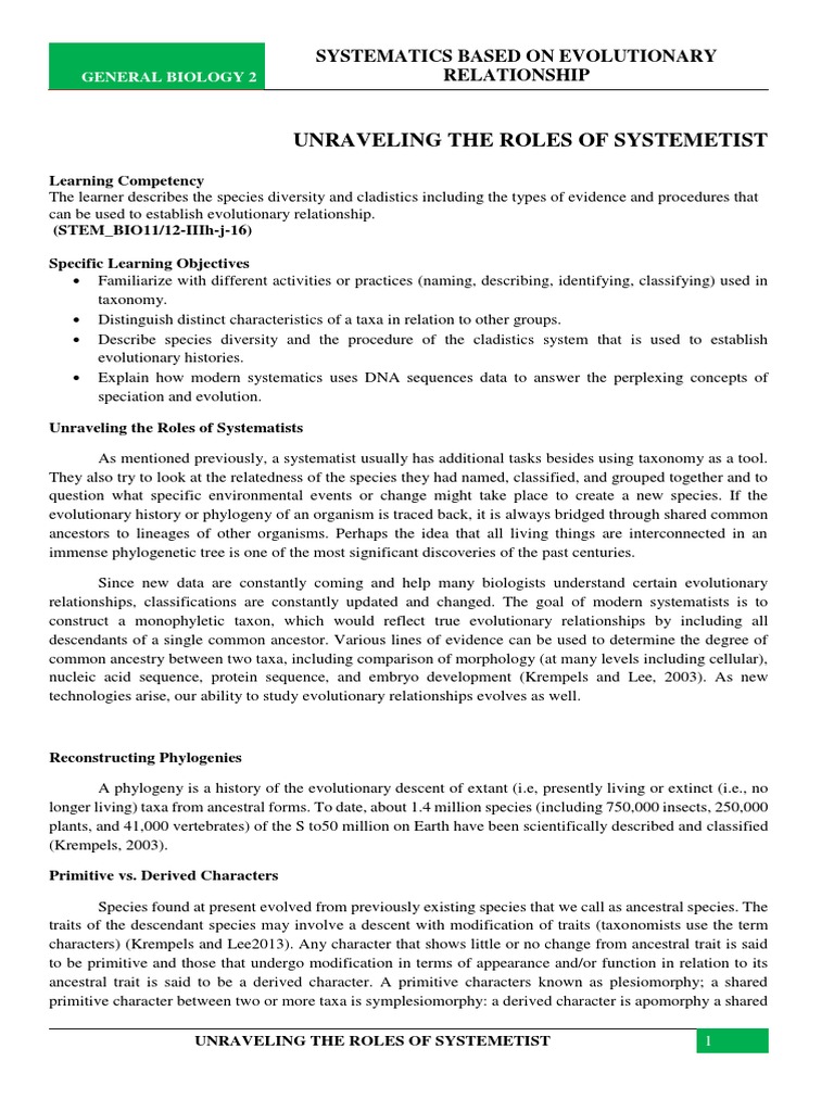Unraveling The Roles of Systematics and The Cladistic System PDF | PDF ...