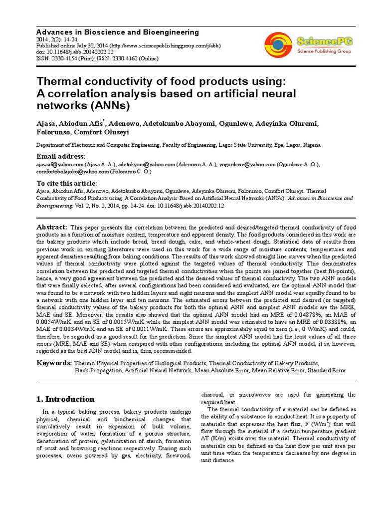 Thermal Conductivity of Food Products Using: A Correlation Analysis ...