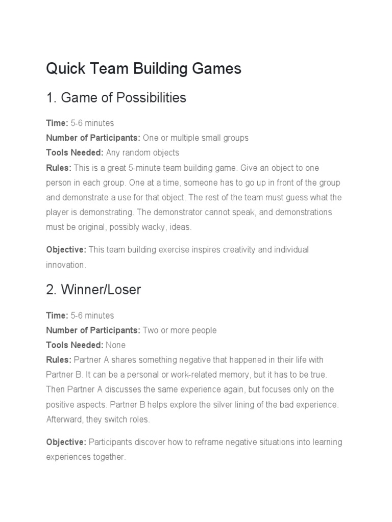 Quick Team Building Games | PDF