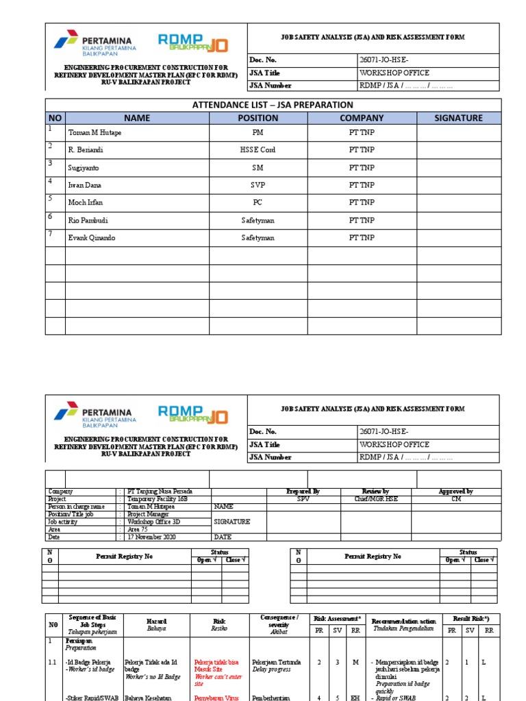 JSA for Workshop Office Safety | PDF | Workplace | Personal Protective ...
