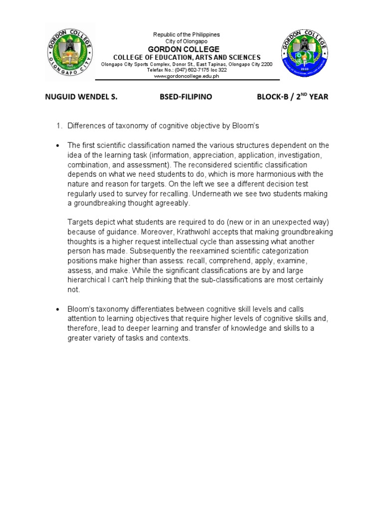 Cognitive Objectives Taxonomy | PDF