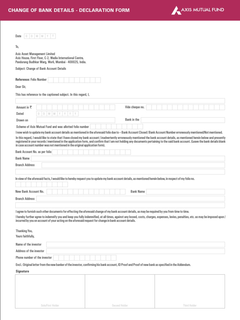 Change of Bank Details - Declaration Form: D M M Y Y D | Download Free ...