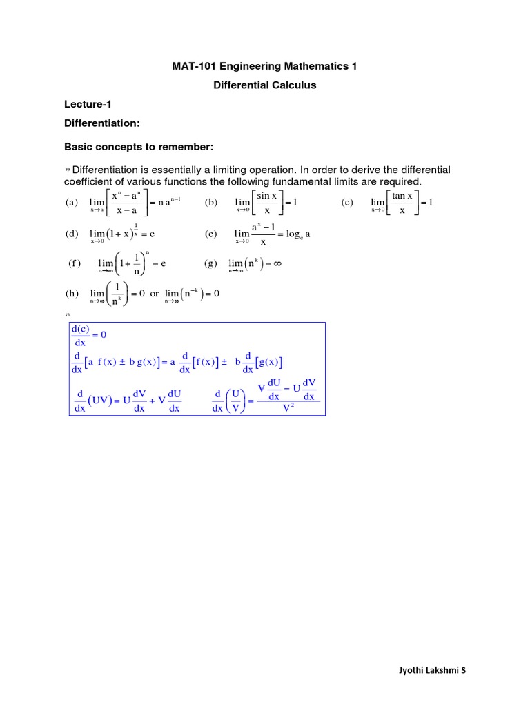 MAT-101 Engineering Mathematics 1 Differential Calculus Lecture-1 Differentiation: Basic ...