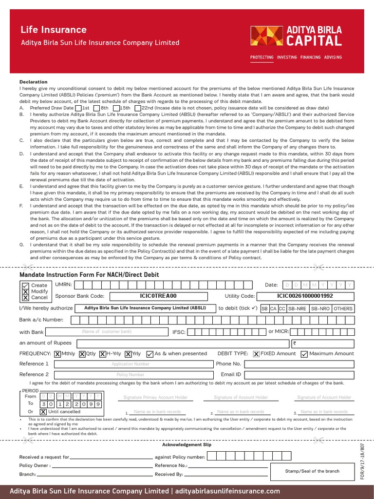 ABSLI NACH Direct Debit Mandate Form | PDF | Life Insurance | Insurance
