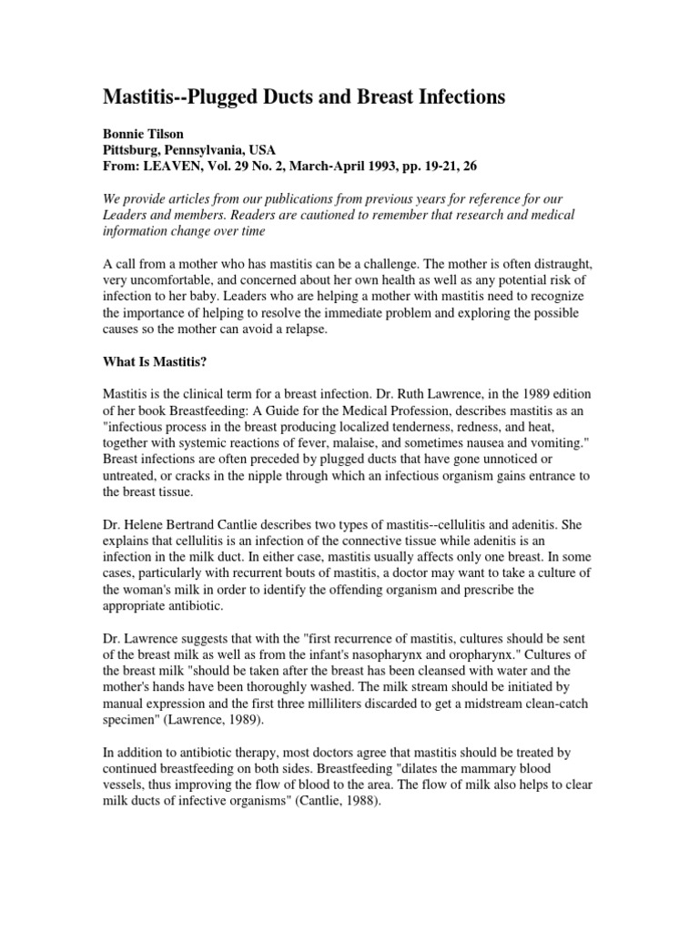 Mastitis - Plugged Ducts and Breast Infections | PDF | Breastfeeding ...