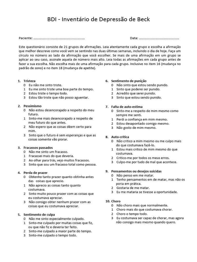 Échelle De Dépression De Beck | Test de Dépression de Beck – JUFVG