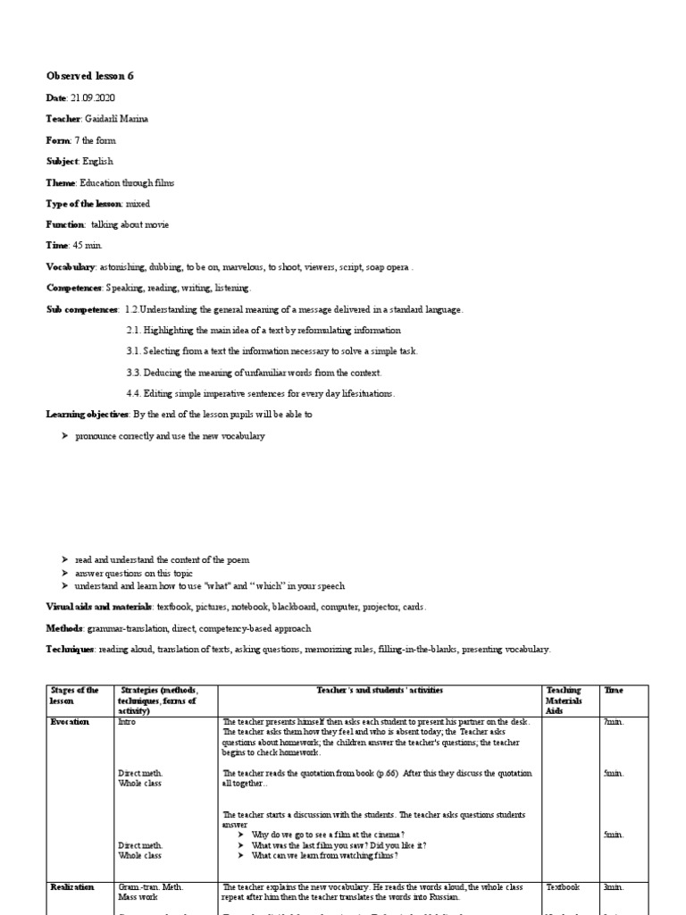 English Lesson on Film Education | PDF | Vocabulary | Teachers