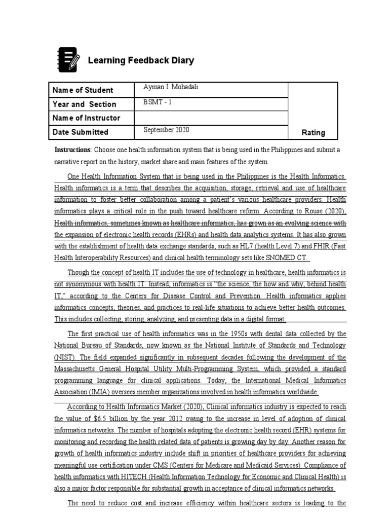 Learning Feedback Diary: Name of Student Year and Section Name of Instructor Date Submitted ...