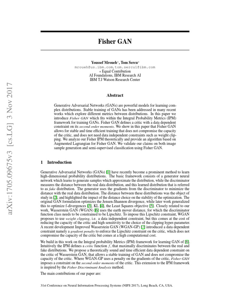 Fisher GAN: 31st Conference On Neural Information Processing Systems (NIPS 2017), Long Beach, CA ...