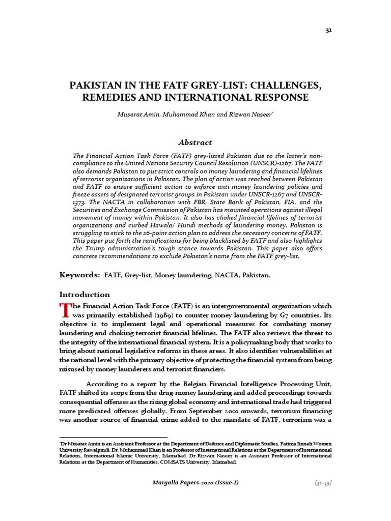 Pakistan in The Fatf Grey-List: Challenges, Remedies and International ...