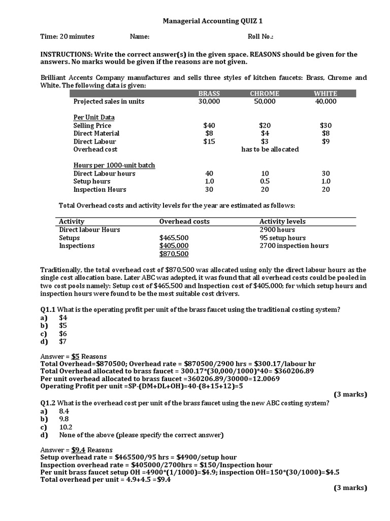 Managerial Accounting QUIZ 1 - Solution | PDF | Cost | Management ...