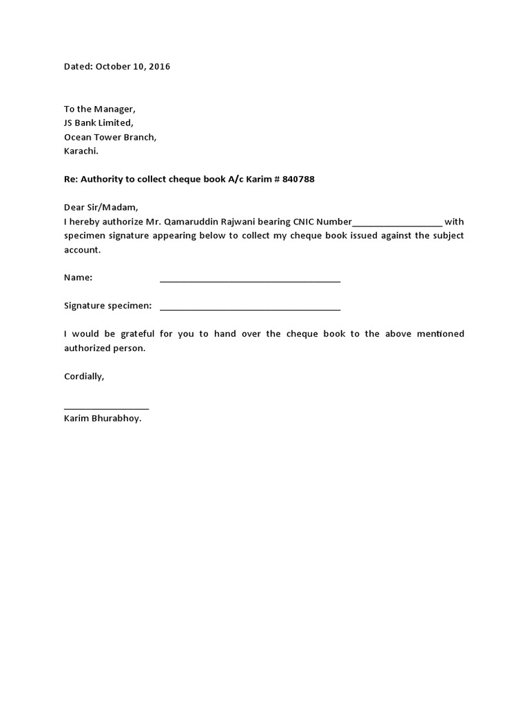 Cheque Book Authority Letter | PDF