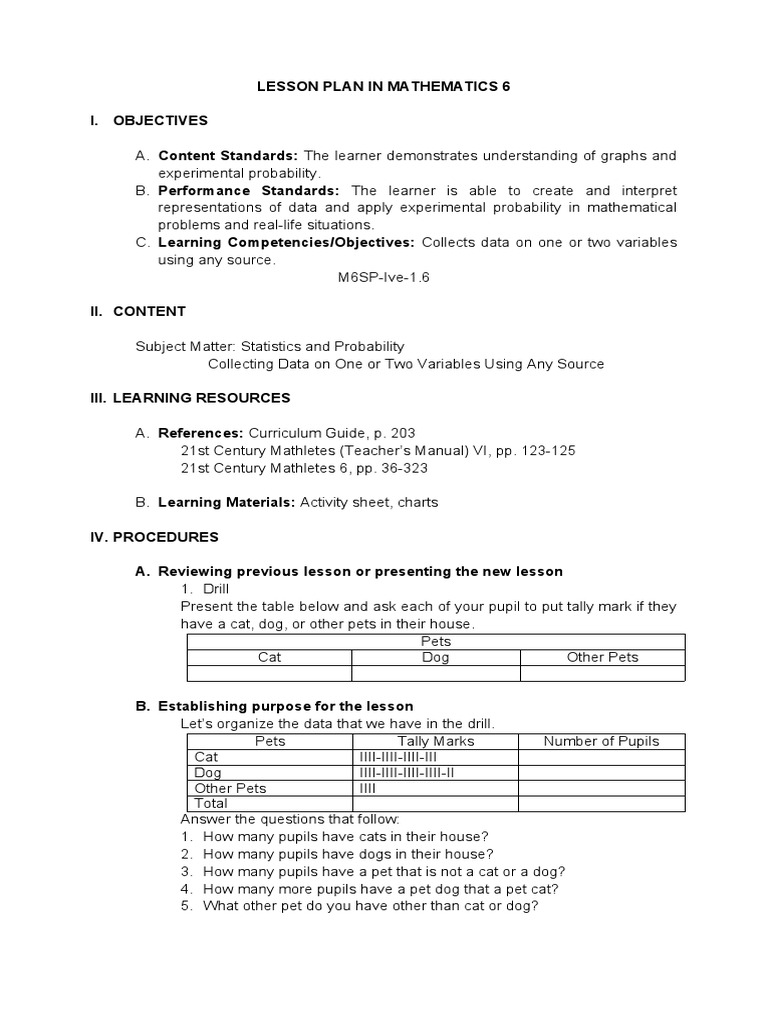 Grade 6 Math: Data & Probability Lesson | PDF | Pet | Lesson Plan