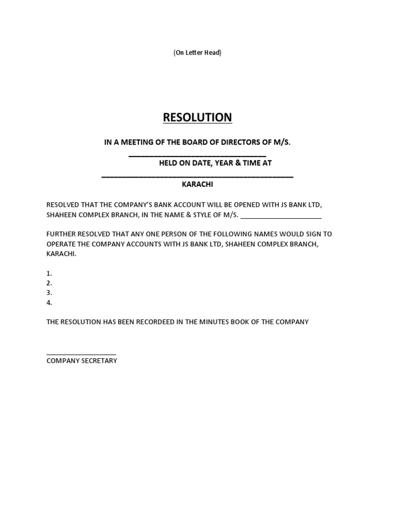 Board Resolution Account Opening PVT LTD Co | PDF