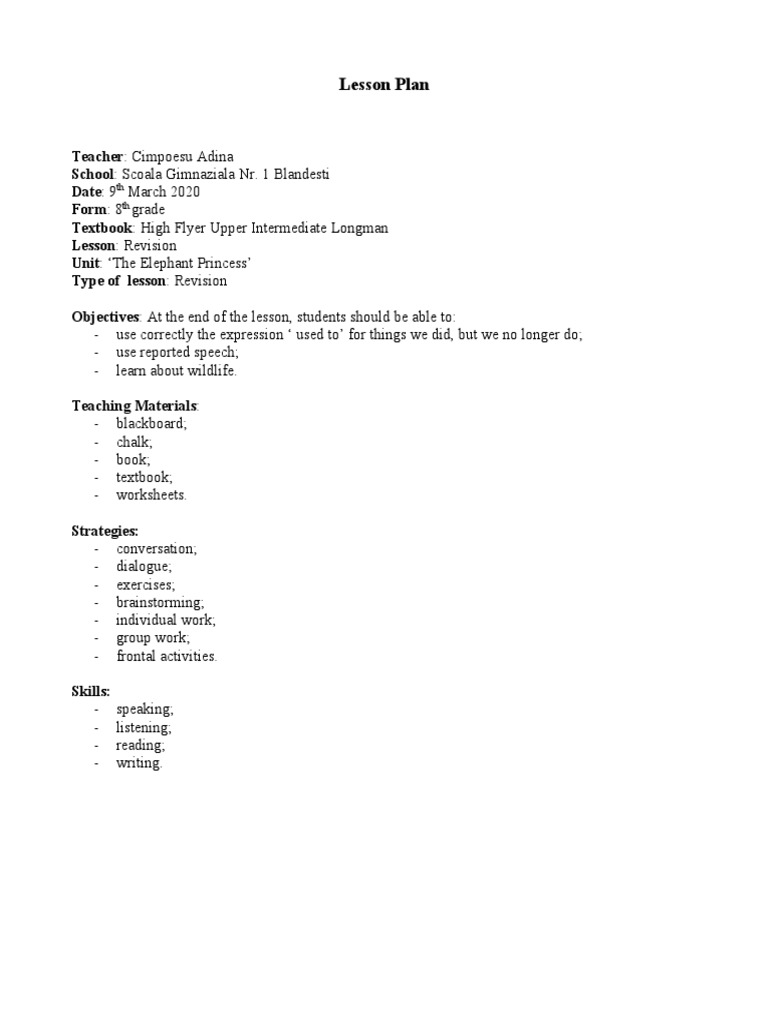 8th Grade Lesson Plan for Revision of 'The Elephant Princess | PDF ...