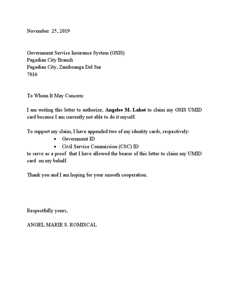 Authorization Letter for GSIS UMID Claim | PDF