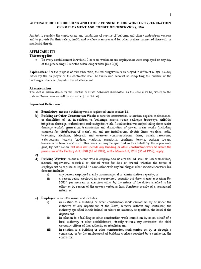 Abstract of The BOCW Act | PDF | Overtime | Employment