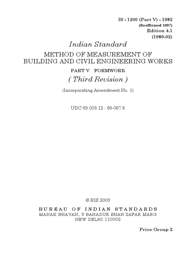 Indian Standard: Method of Measurement of Building and Civil ...