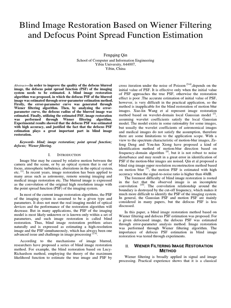 Blind Image Restoration Based On Wiener Filtering and Defocus Point ...