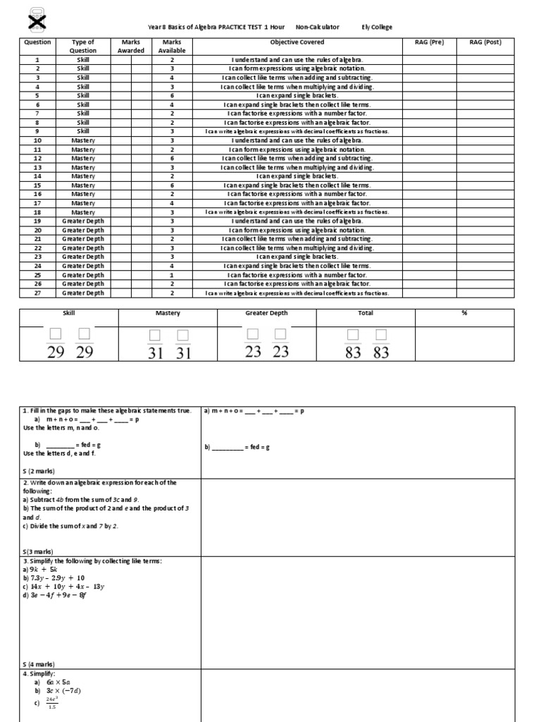Year 8 Basics of Algebra Assessment PRACTICE TEST - Elycollege ...