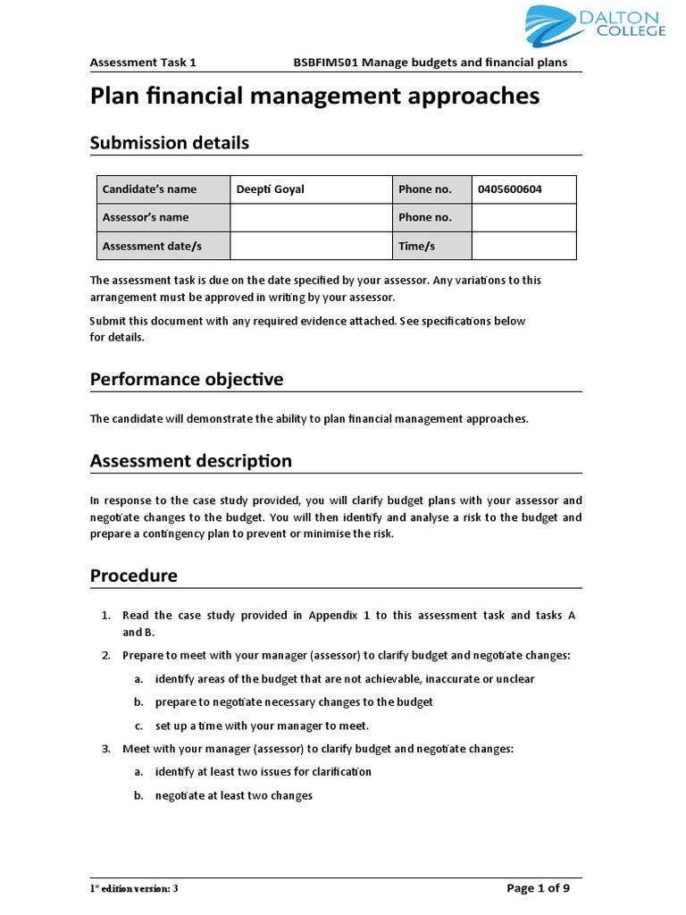 Plan Financial Management Approaches: Submission Details | PDF | Risk ...