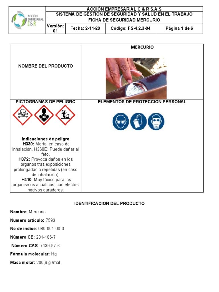 Ficha de Seguridad Mercurio | Descargar gratis PDF | Mercurio (Elemento) | Agua