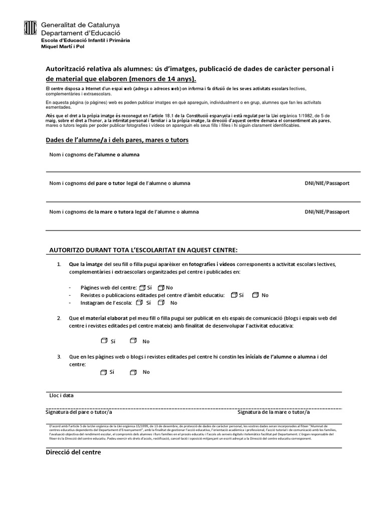 Autoritzacio Us Imatges Tota L'escolaritat PDF | PDF