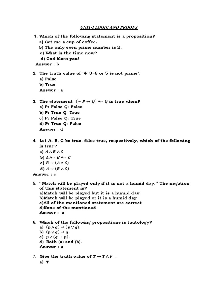 MCQ's UNIT-I LOGIC AND PROOFS PDF | PDF | Mathematical Proof | Metalogic
