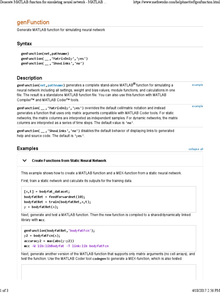 Generate Matlab Function For Simulating Neural Network Matlab Genfunction Pdf Matlab