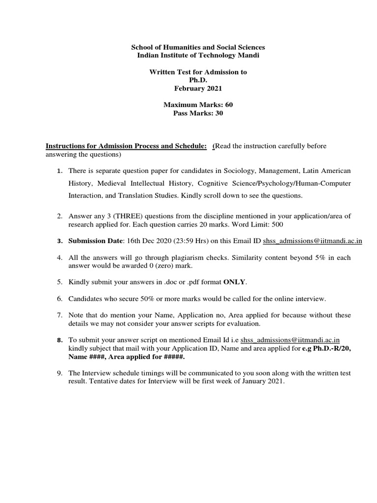 PHD Entrance Question Paper | PDF | Doctor Of Philosophy | Sociology