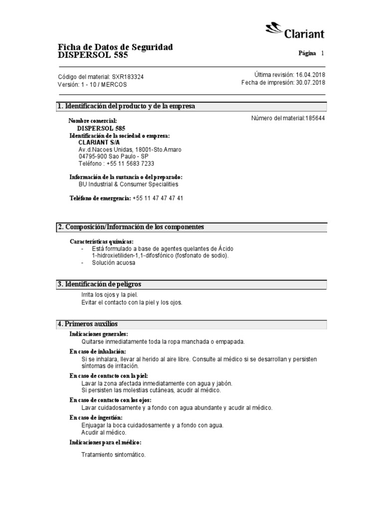 Dispersol 385 - Hoja de Seguridad | PDF | Química | Materiales