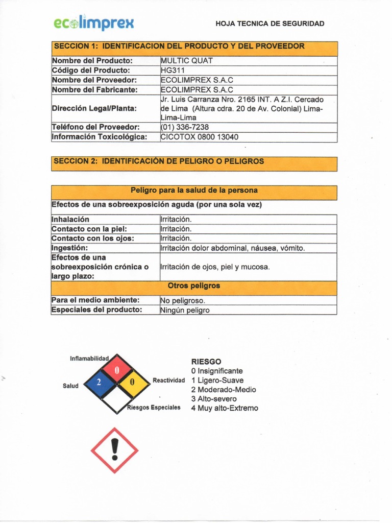 MSDS Multic Quat PDF | PDF | Toxicidad | Agua