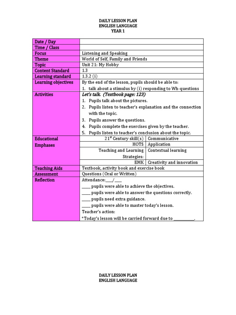 Daily Lesson Plan English Language Year 1 | PDF | Lesson Plan | Teachers