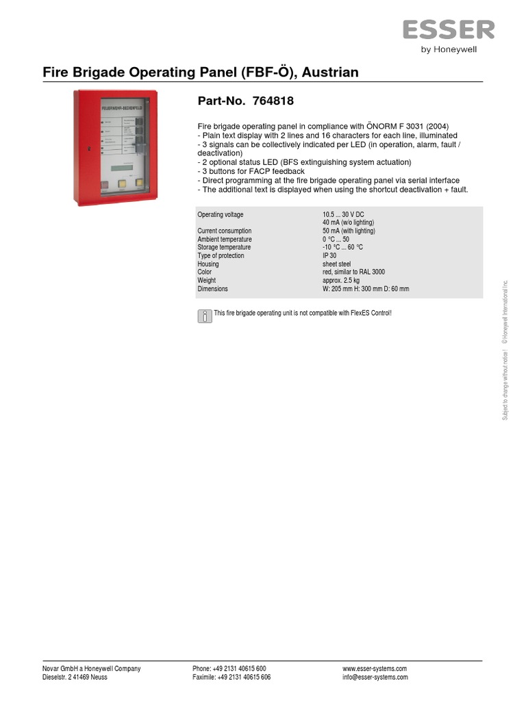 Fire Brigade Operating Panel (FBF-Ö), Austrian: Part-No. 764818 | PDF ...