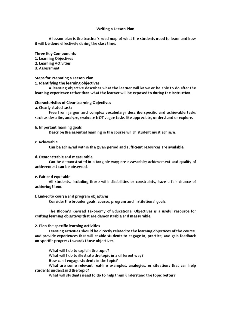 Writing A Lesson Plan PDF Lesson Plan Educational Assessment