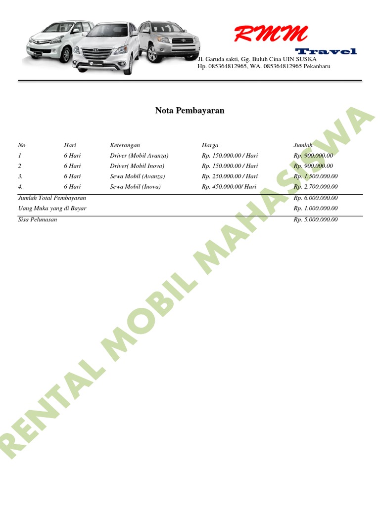 Nota Pembayaran Sewa Mobil dan Driver | PDF