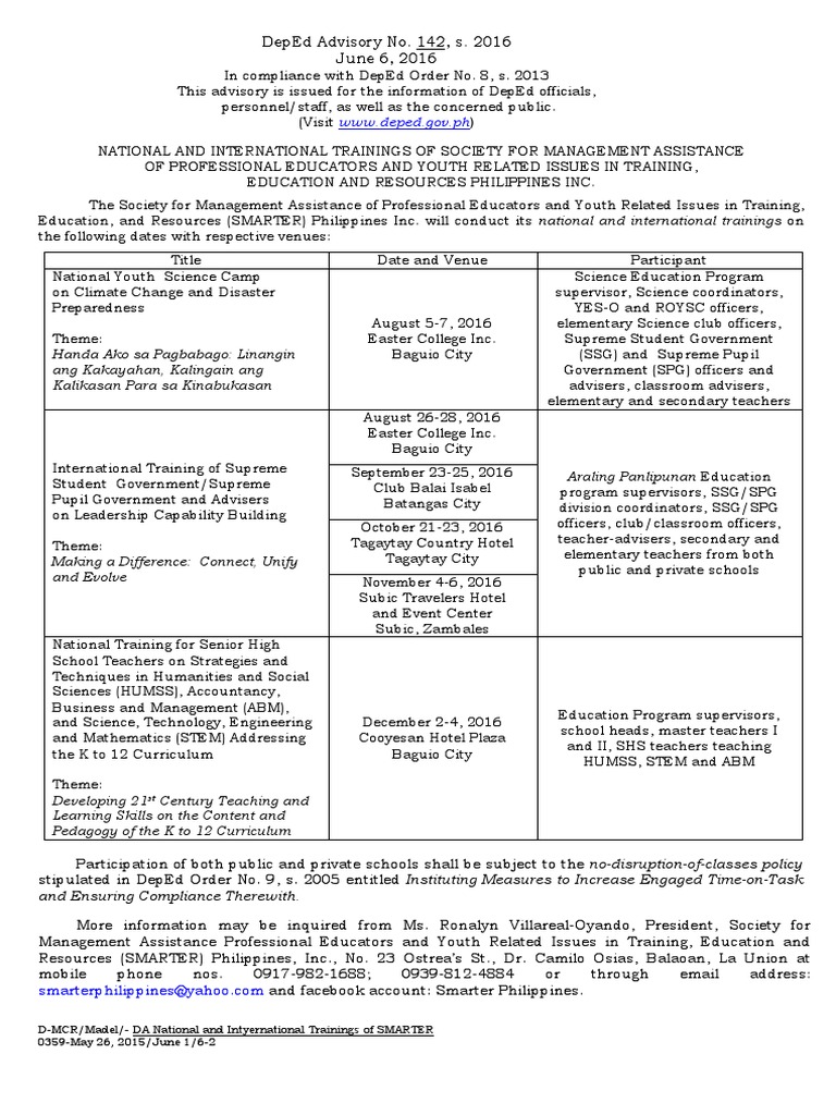 Deped Advisory No. 142, S. 2016 June 6, 2016: WWW - Deped.Gov - PH ...