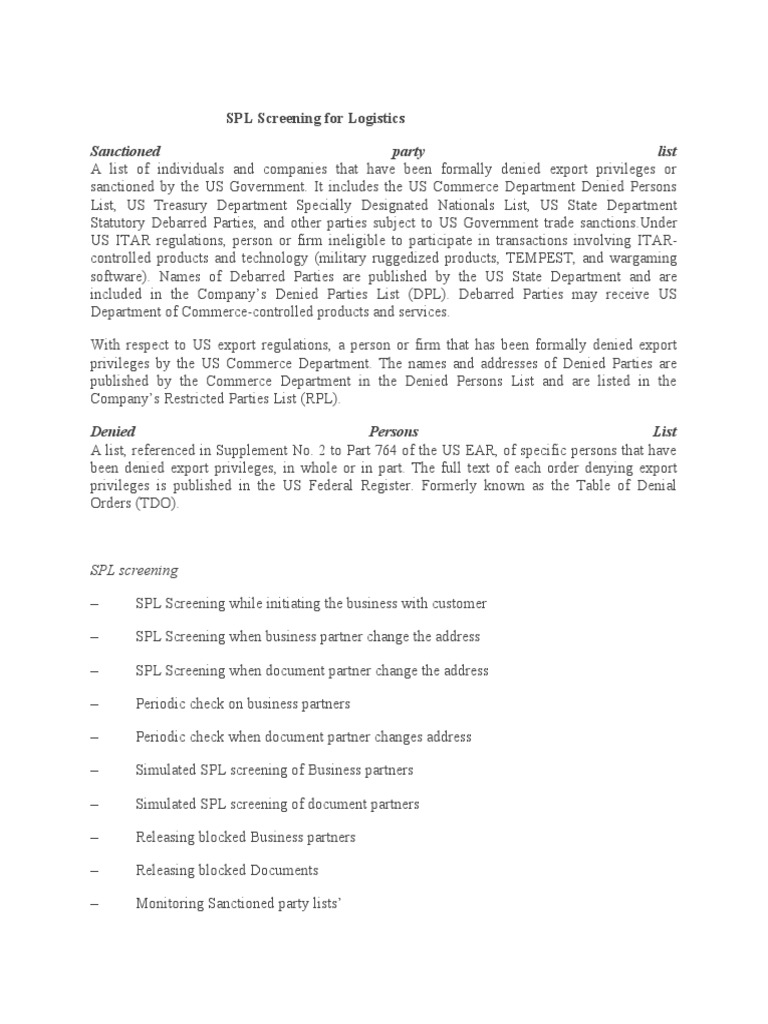 Sanctioned Party List: SPL Screening For Logistics | PDF